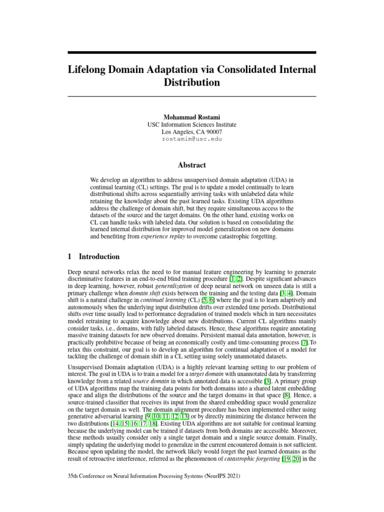 NeurIPS 2021 Lifelong Domain Adaptation Via Consolidated Internal Distribution Paper | PDF ...