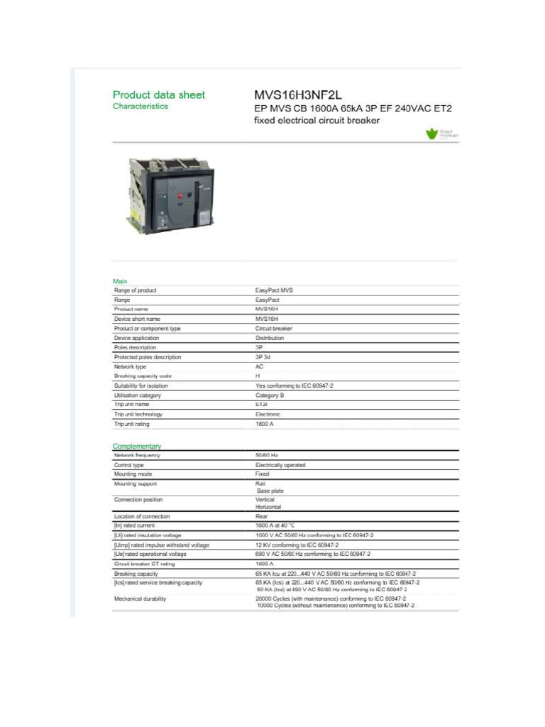 1600A ACB Schneider Breaker | PDF