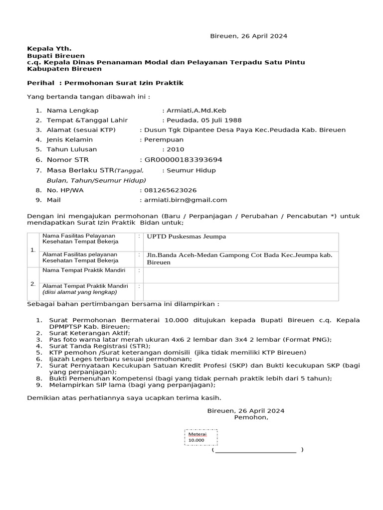 Formulir SIP Perawat, Bidan Dan Sejenisnya | PDF