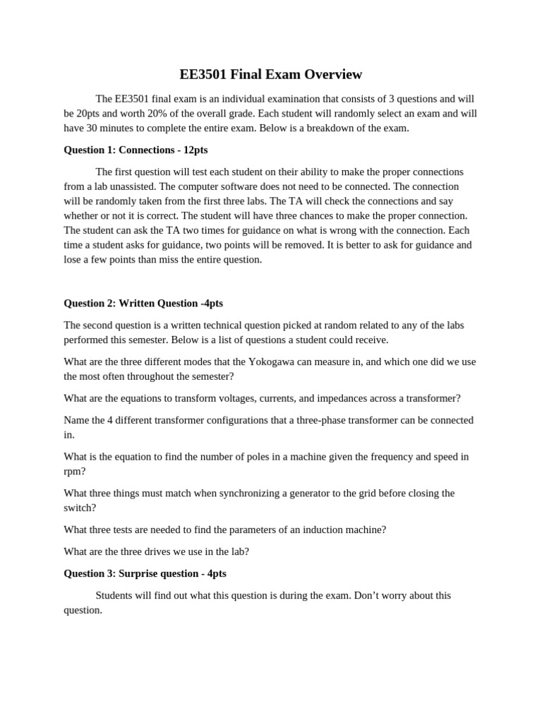 EE3501 Final Exam Overview | PDF