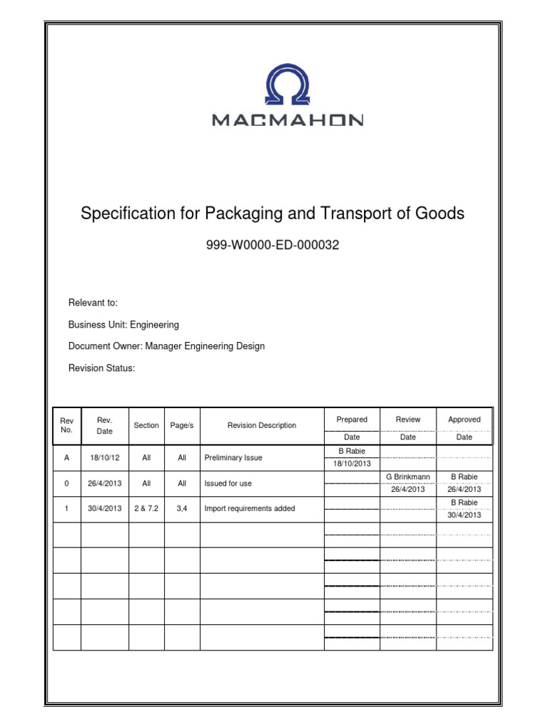 Packaging and Transport Specification | PDF | Specification (Technical ...