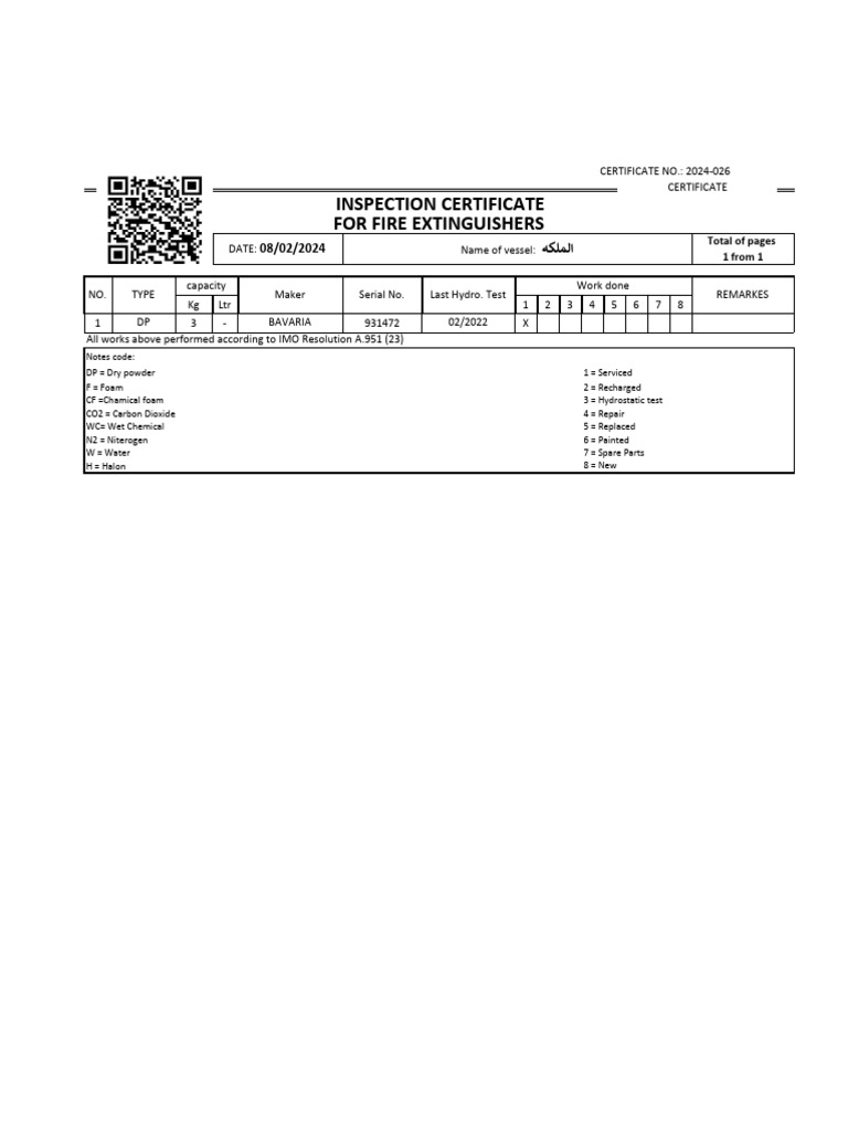 2024 026 الملكه FIRE EXTINGUISHERS CERTIFICATE | PDF