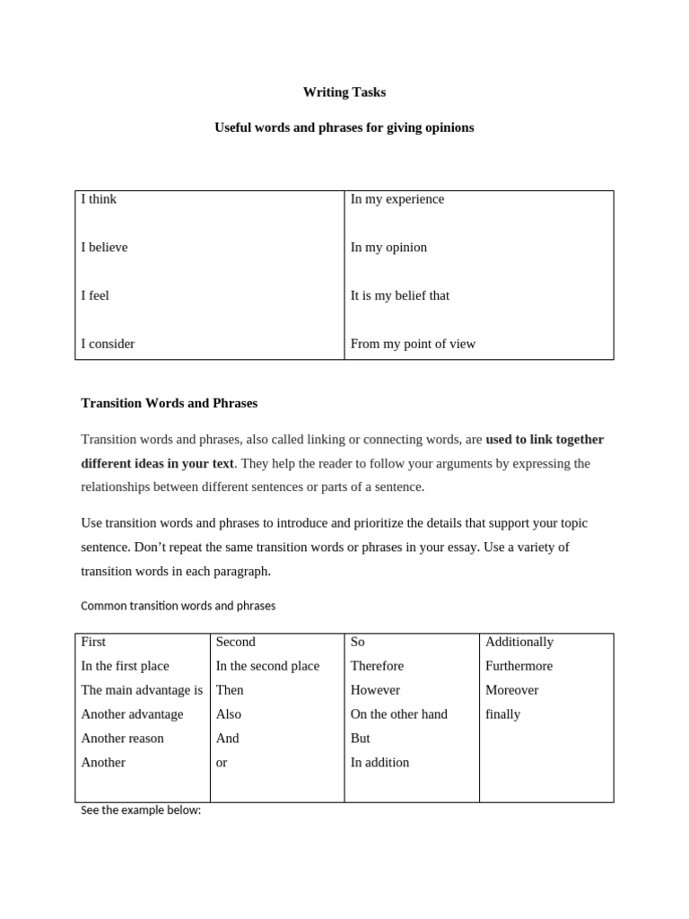 Phrases For Opinions and Transition Words | PDF