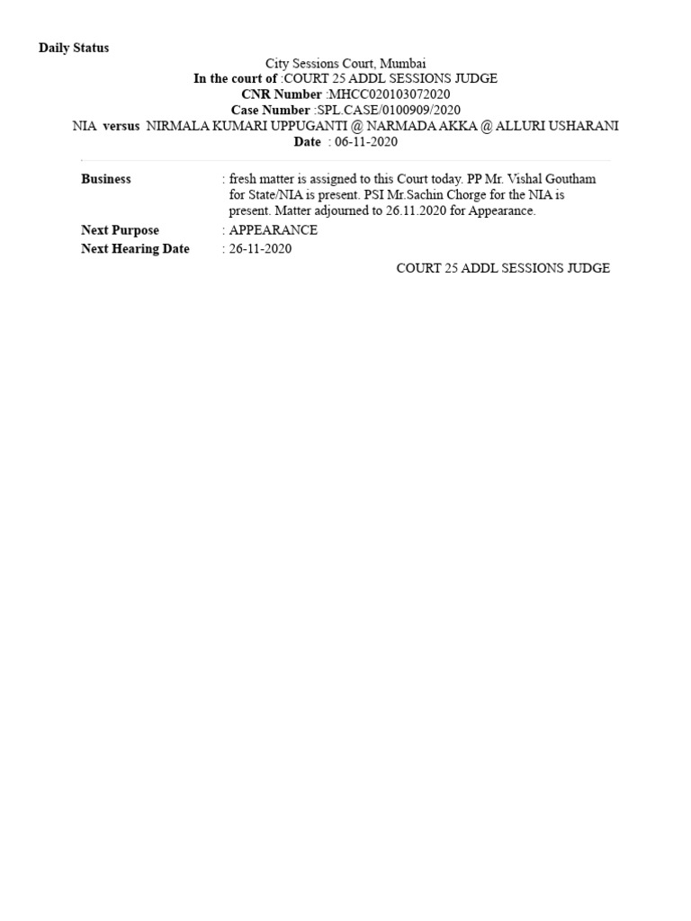 Daily Status in The Court of CNR Number Case Number Versus Date ...