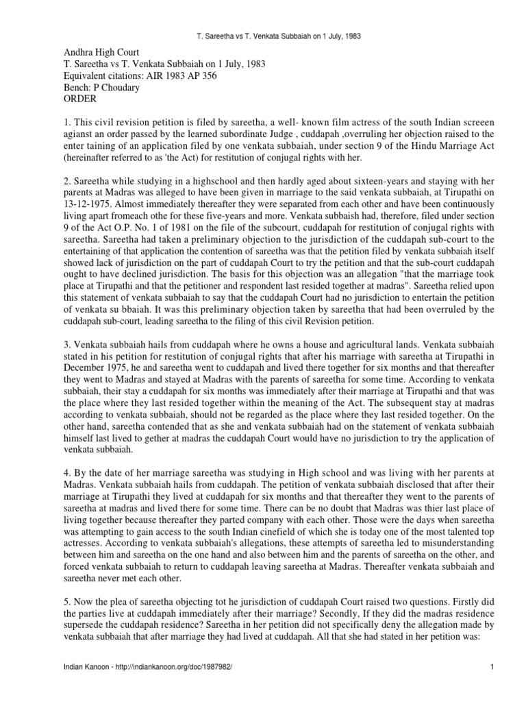 T. Sareetha v. T. Venkata Subbaiah | PDF | Marriage | Privacy