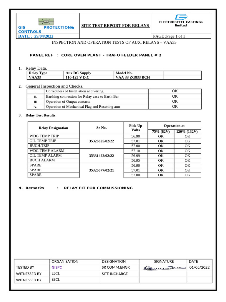 SITE TEST REPORT FOR AUX RELAYS | PDF | Relay | Electrical Wiring