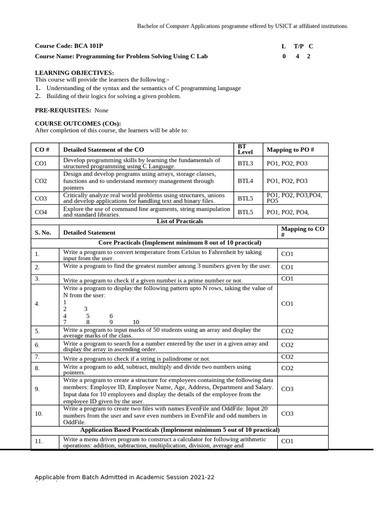 C syllabus lab | PDF | Computer Program | Programming C syllabus lab | PDF | Computer Program | Programming