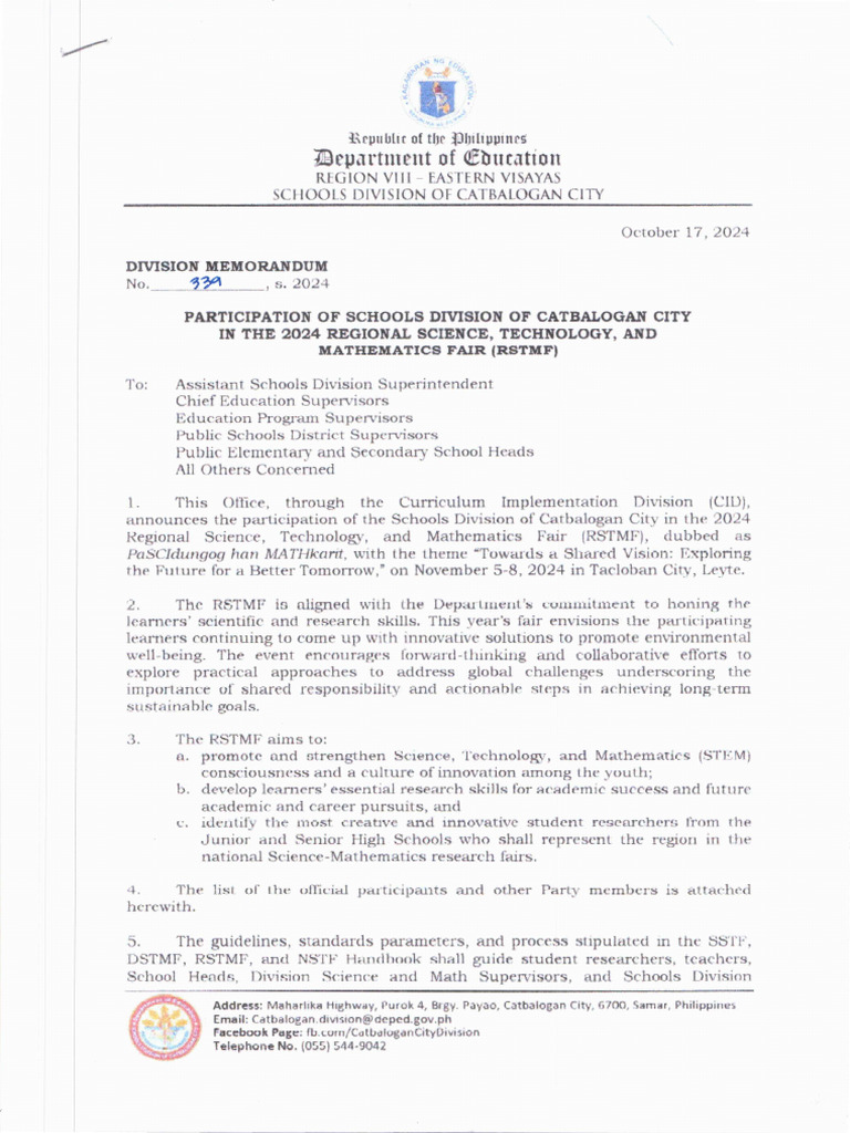 DM No. 339 S. 2024 Participation of Schools Division of Catbalogan City ...