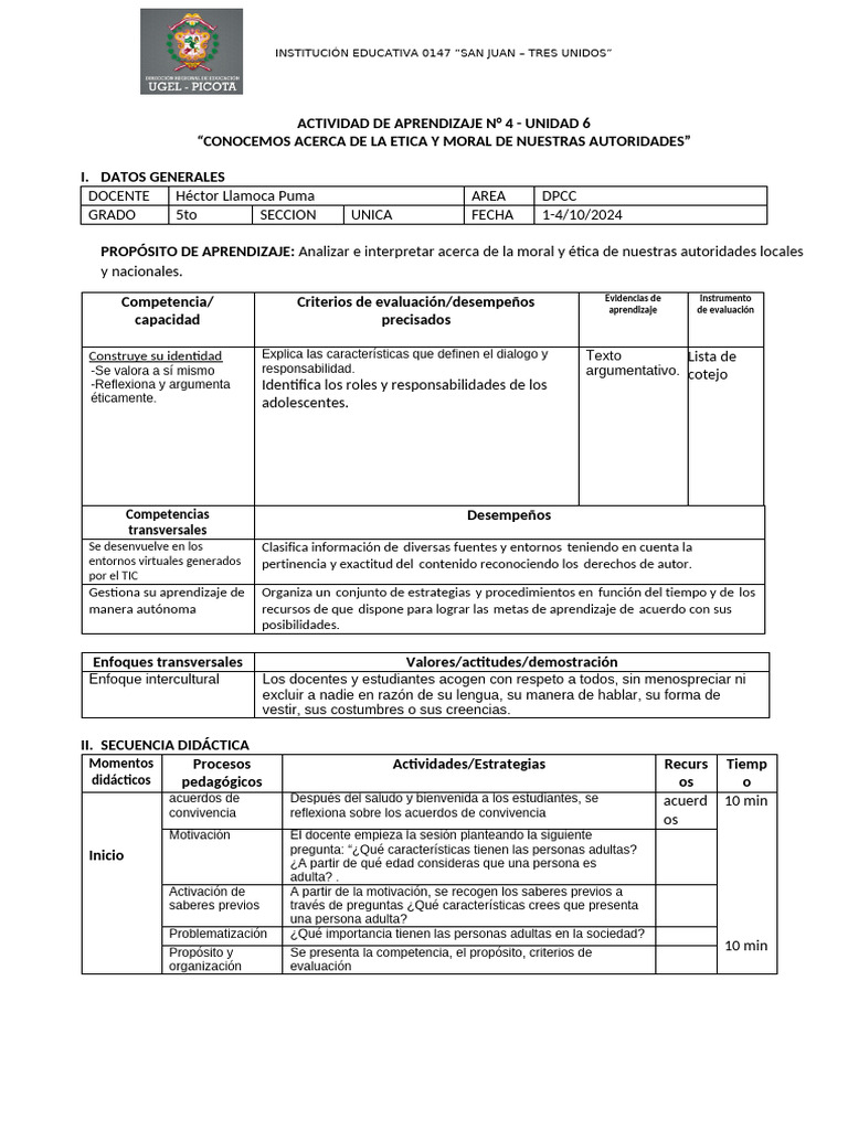 Actividad 4 - UNIDAD 6 - 5TO DPCC | PDF | Evaluación | Aprendizaje