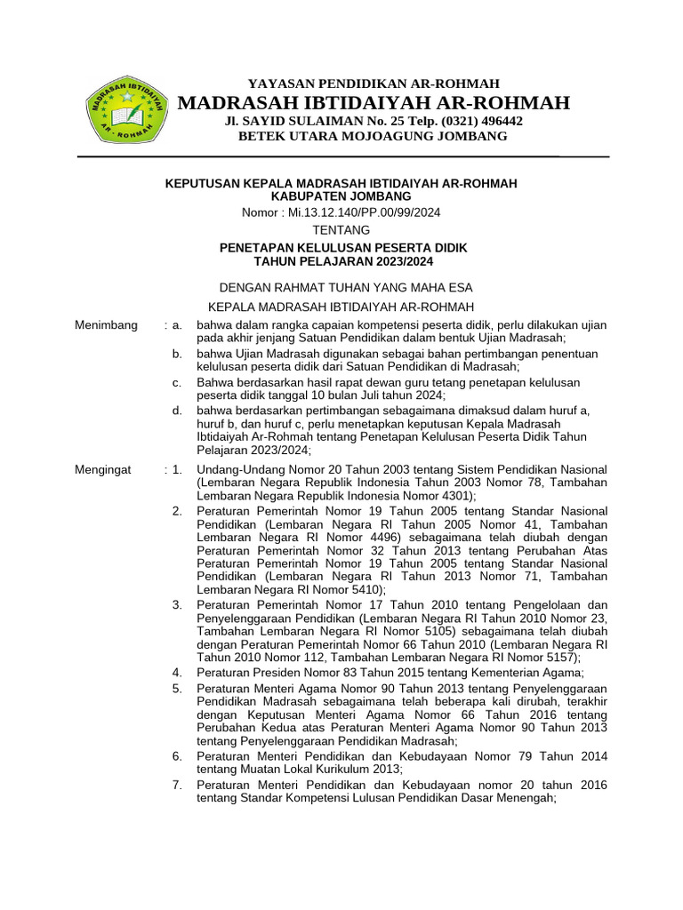Contoh - SK Kelulusan Siswa Madrasah Tahun 2023-2024 MI AR-ROHMAH | PDF