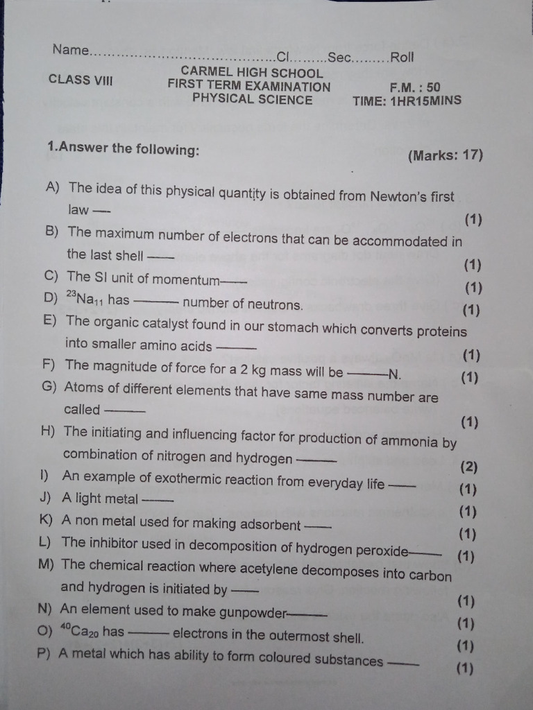 Physical Science Question Paper (1st, 2nd and 3rd Term) | PDF ...