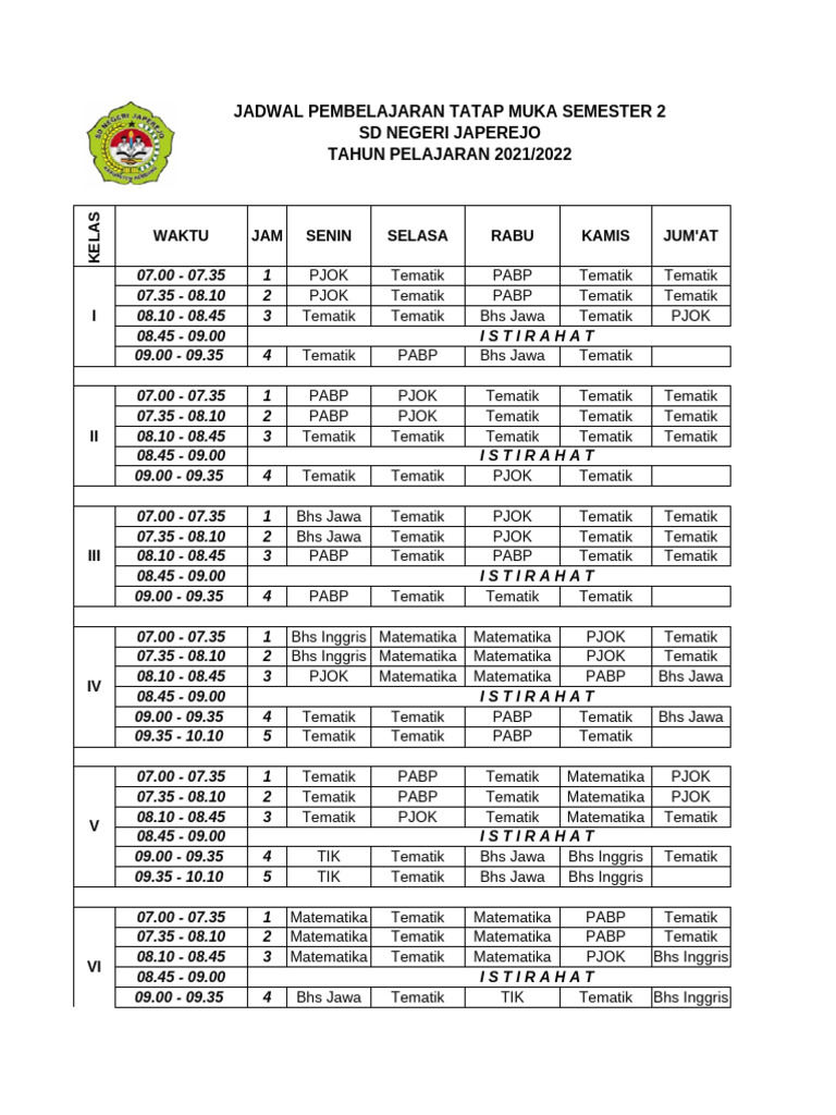 Jadwal Pembelajaran SD Negeri Japerejo | PDF