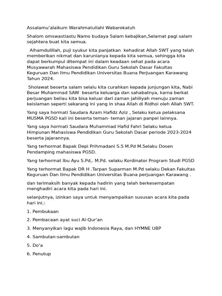 Teks Opening Ceremony MUSMA PGSD 2024 MC) 1 | PDF