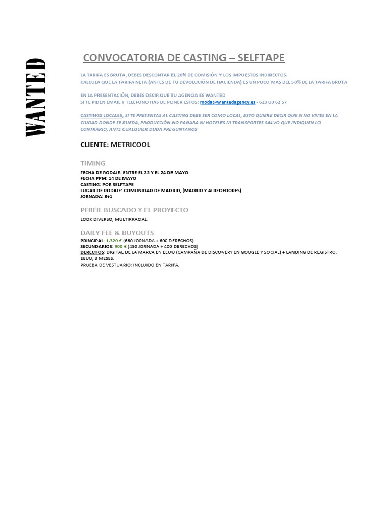 Brief Casting Selftape Metricool Wanted | PDF