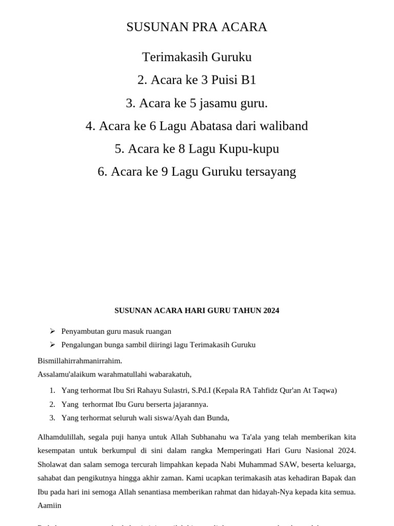 SUSUNAN ACARA HARI GURU TAHUN 2024 | PDF