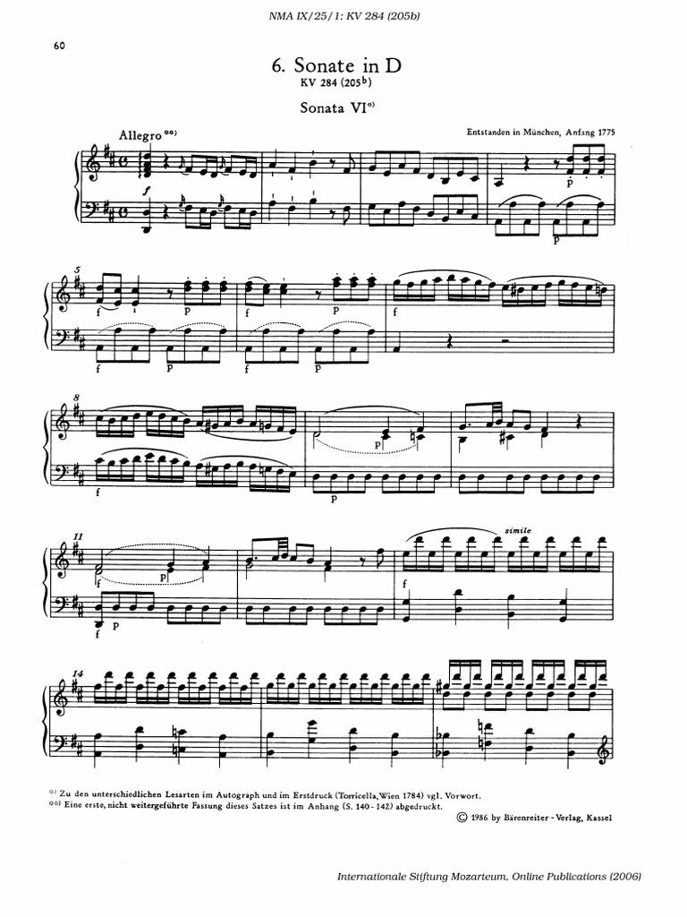 Mozart Piano Sonata No.6 in D Major, K.284 - 205b | PDF