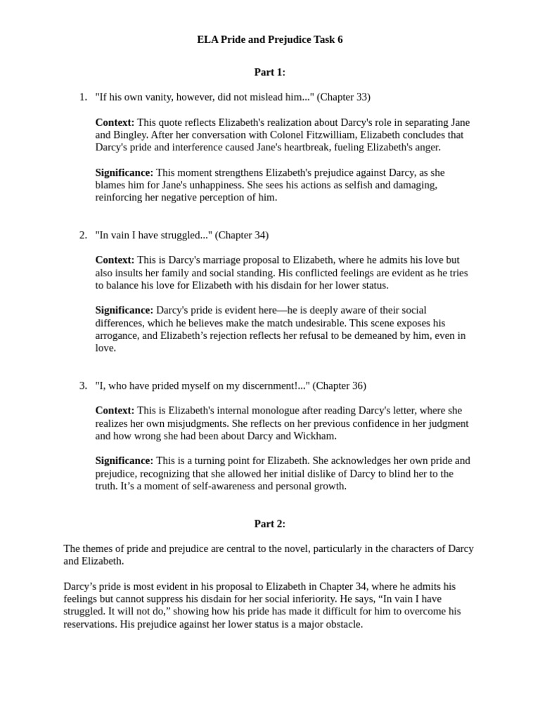 ELA Pride and Prejudice Task 6-Finished | PDF | Mr. Darcy | Pride And ...