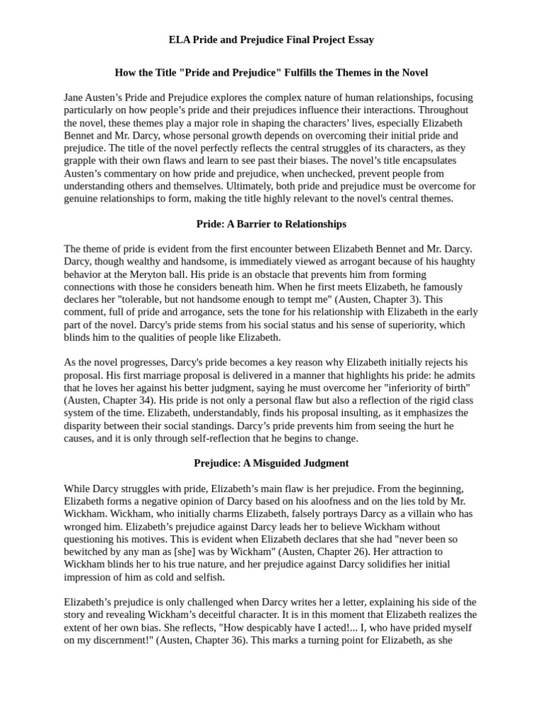 ELA Pride and Prejudice Final Project Essay-Finished | PDF | Mr. Darcy ...