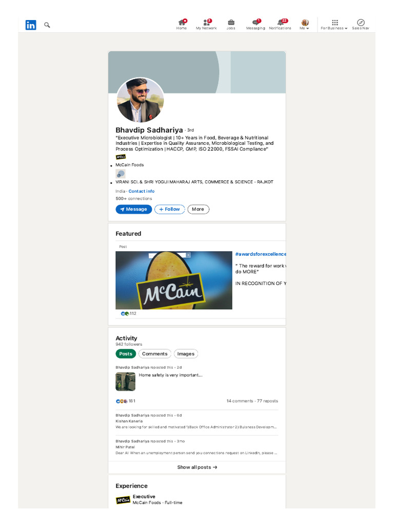 Bhavdip Sadhariya - LinkedIn | PDF | Food Safety | Food Science