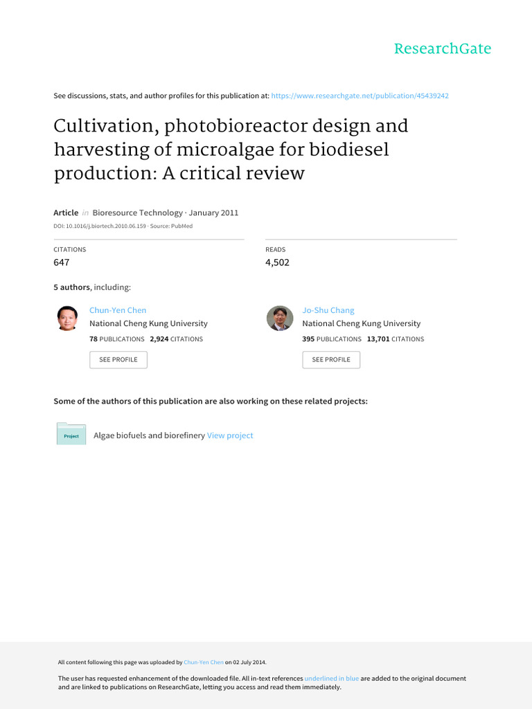 Cultivation Photobioreactor Design and Harvesting of Microalgae For Biodiesel Production A ...