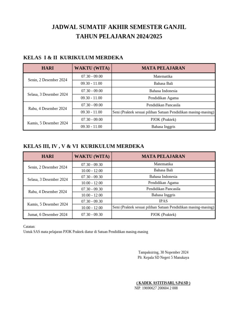 Jadwal Sumatif Akhir Semester Ganjil 2024-2025 New | PDF