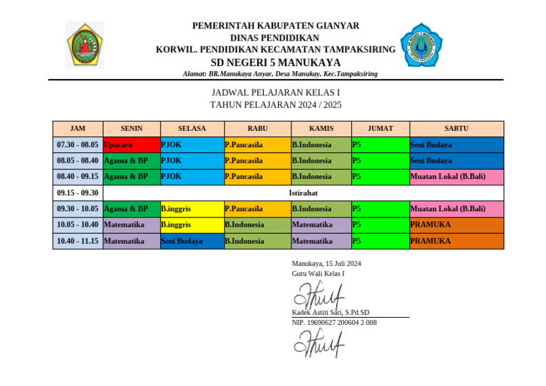 Jadwal Pelajaran Kelas 1 Kurikulum Merdeka - SD N 5 MANUKAYA | PDF