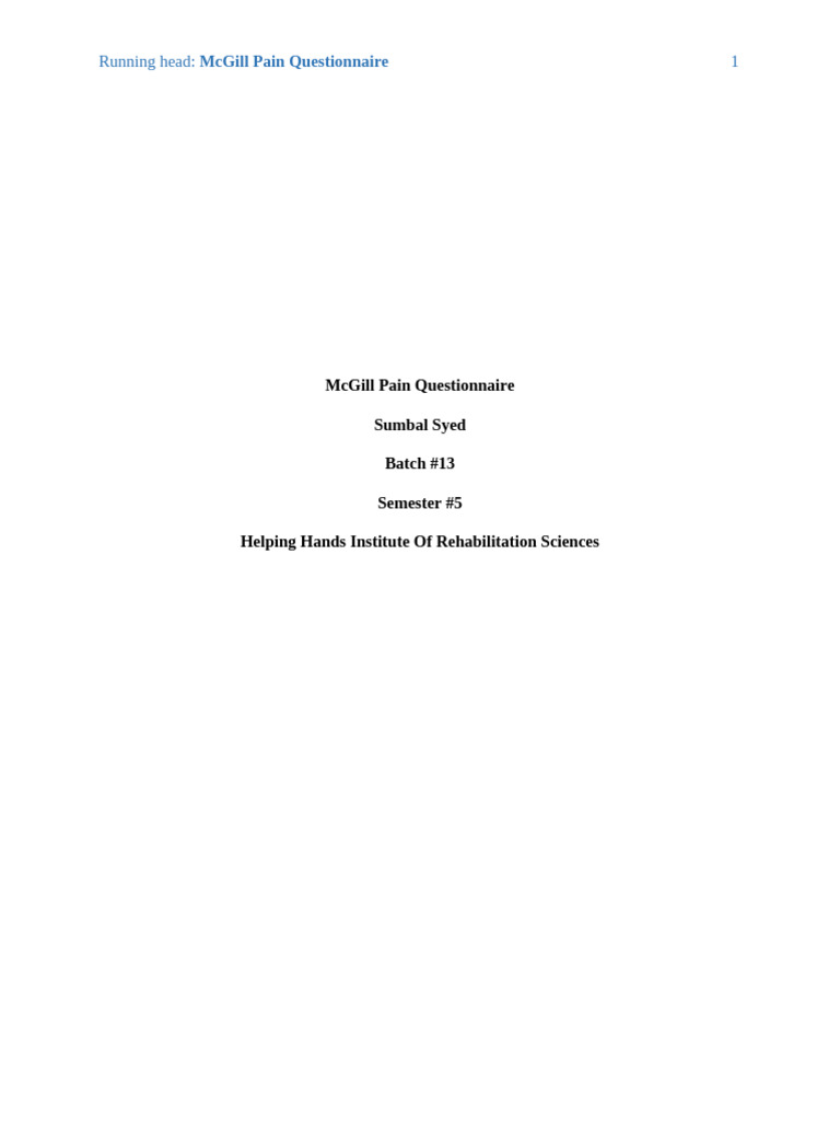 01 - Electrotherapy McGill Pain Questionnaire - Sumbal Syed | PDF ...
