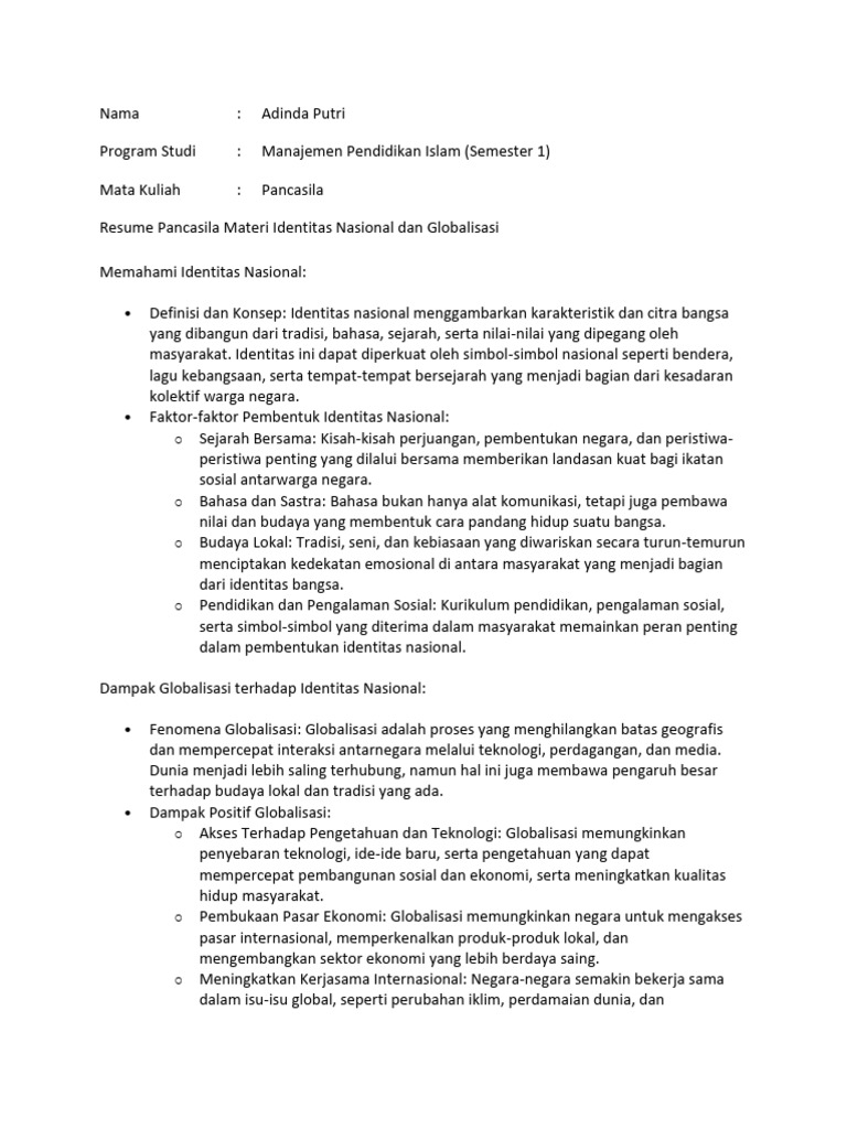 Resume Pancasila Identitas Nasional Dan Globalisasi (Adinda Putri) | PDF
