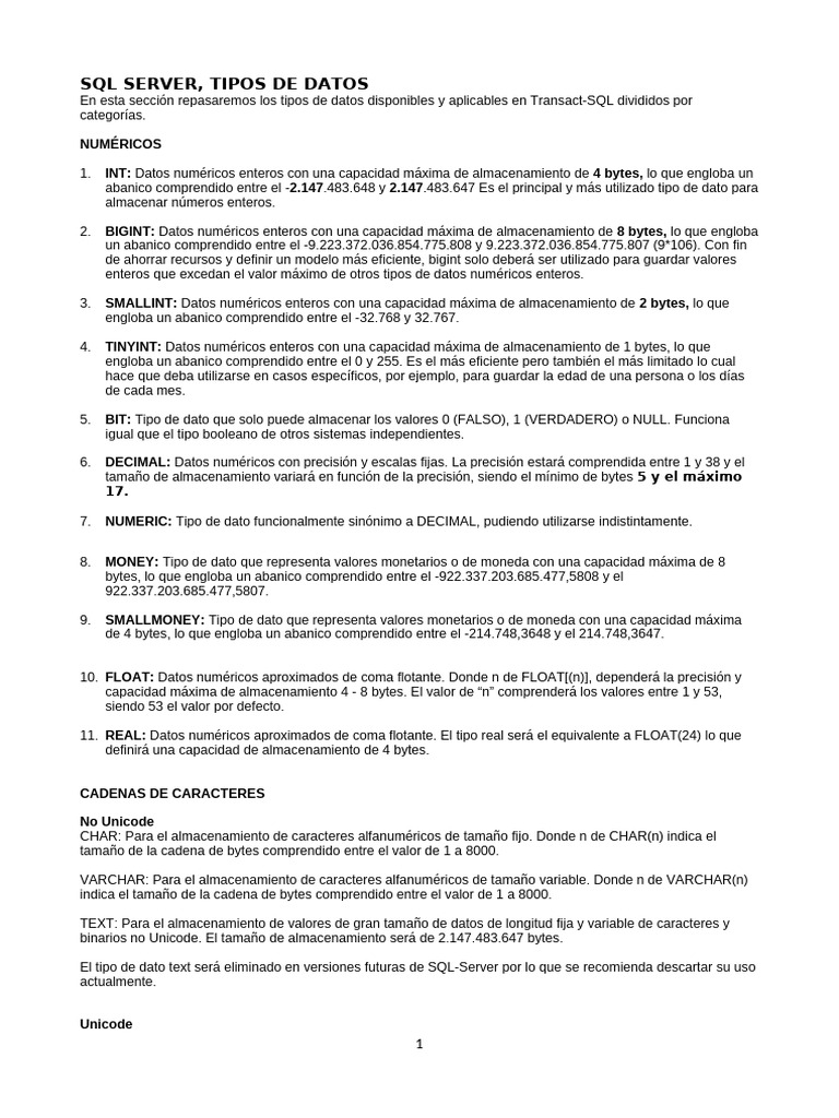 Tipos de Datos en SQL Server | PDF | Tipo de datos | Byte
