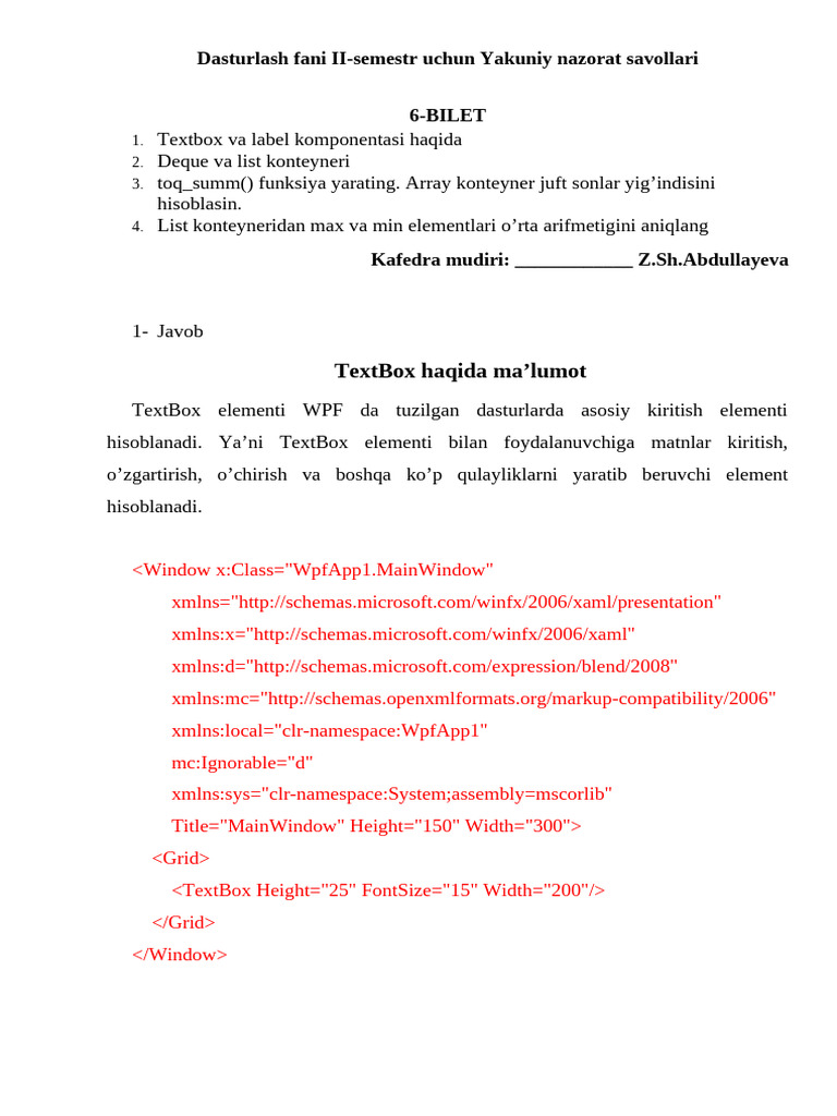 Dasturlash Fani II Javoblar 6 | PDF