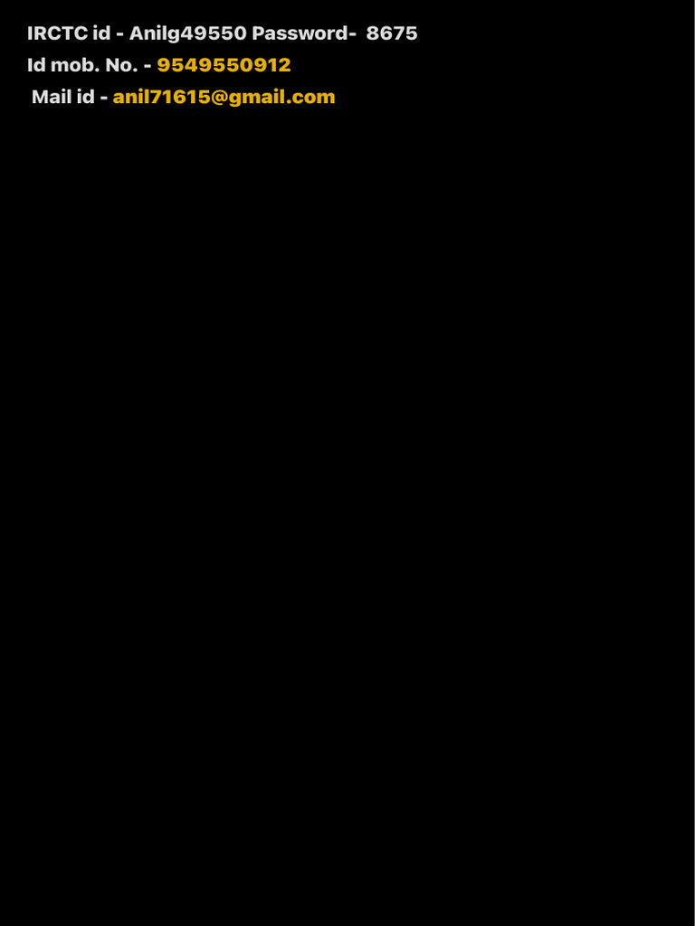 IRCTC Id - Anilg49550 Password- 8675 | PDF