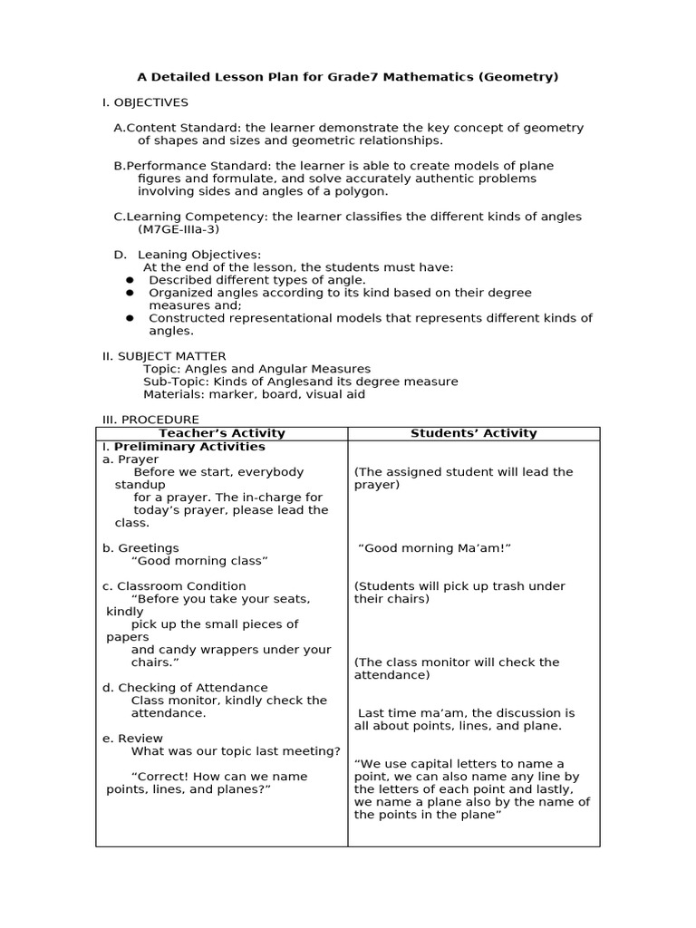 A Detailed Lesson Plan For Grade7 Mathematics | PDF | Angle | Geometry