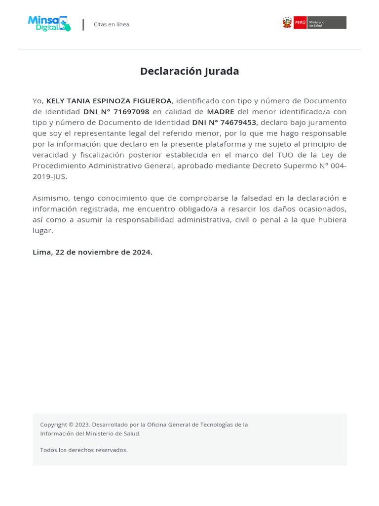 Declaración Jurada: Kely Tania Espinoza Figueroa DNI #71697098 Madre DNI #74679453 | PDF