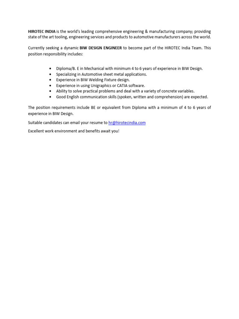 BIW Design Engineer Job at HIROTEC India | PDF