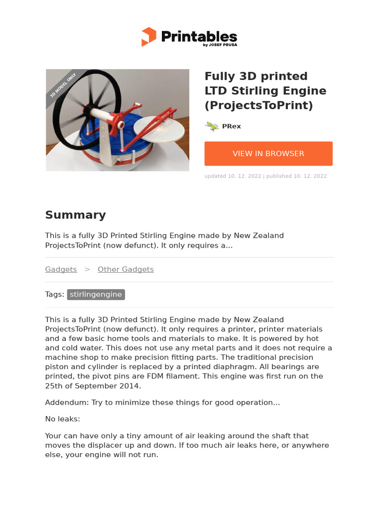 3D Print Your Own Stirling Engine | PDF | Engines | Mechanical Engineering