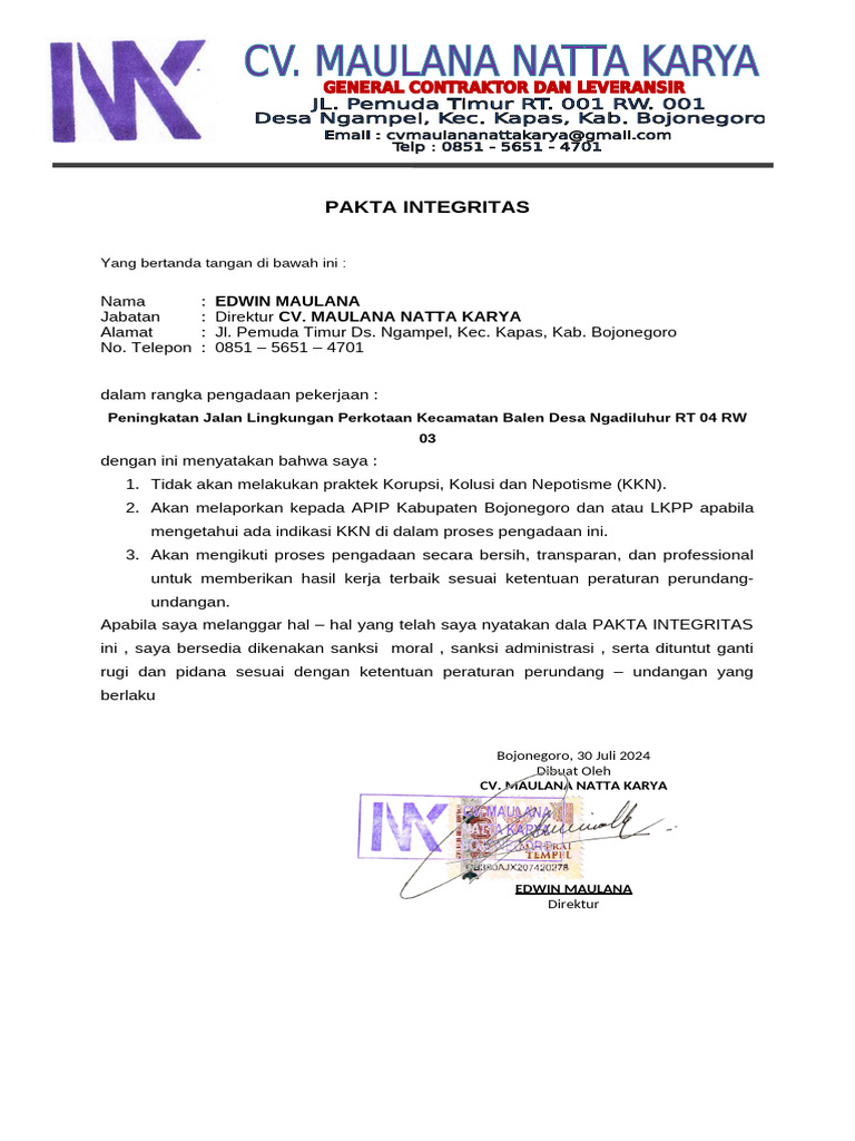 Super. Pakta Integritas Ngadiluhur | PDF