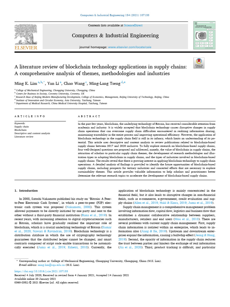 A Literature Review Of Blockchain Technology Applications In Supply