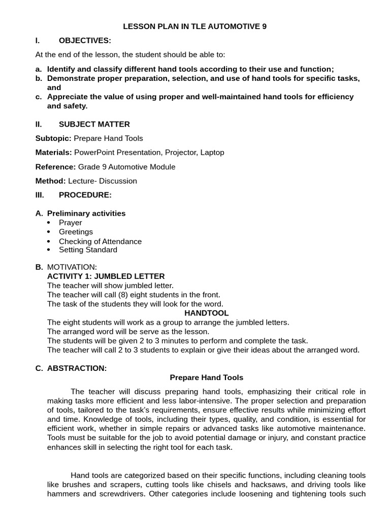 LESSON PLAN Prepare Hand Tools | PDF | Tools