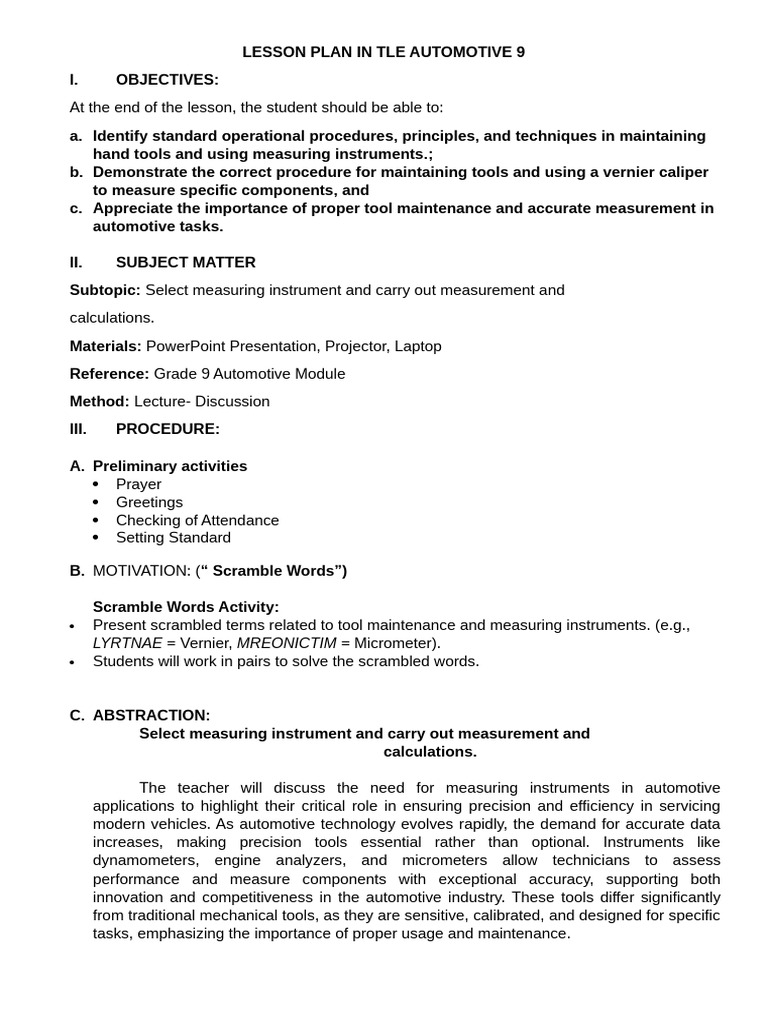 LESSON PLAN - Select Measuring Instrument and Carry Out Measurement and ...