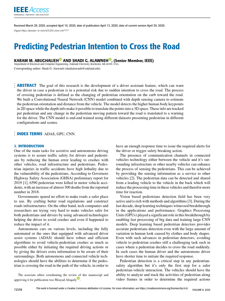 Predicting Pedestrian Intention To Cross The Road Pdf Artificial Neural Network