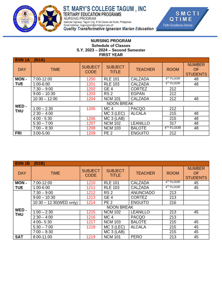 BSN Class Sched With Code 2nd Semester | PDF | Nursing | Health Care