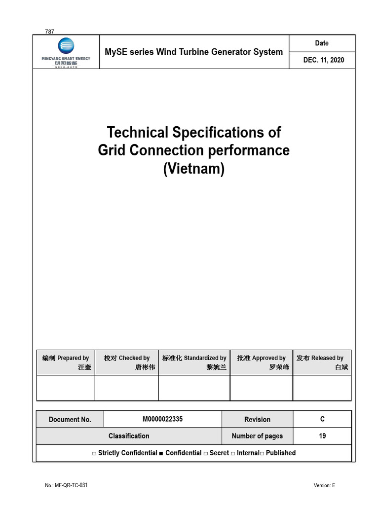 MySE3.1 - Series Wind Turbine Technical Specification of Grid Connection Performance | PDF ...