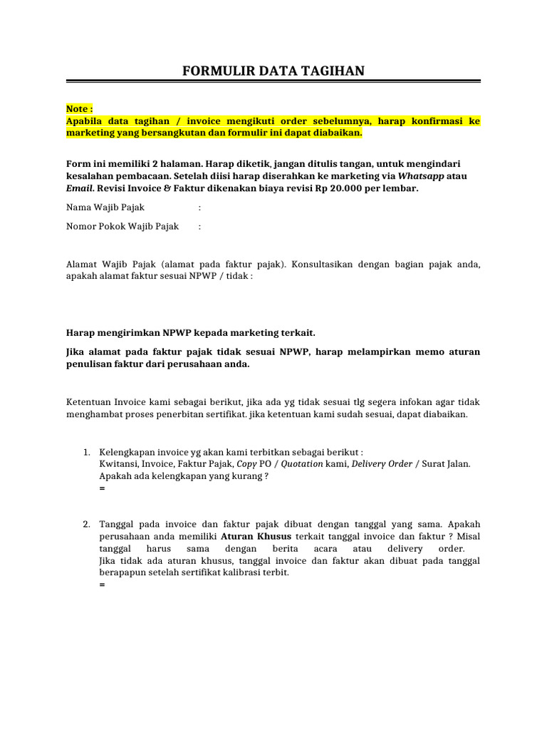 Y. FORMULIR DATA INVOICE | PDF