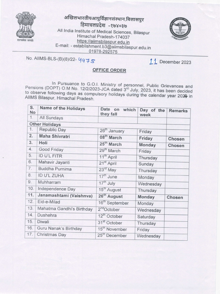 AIIMS Bilaspur Holiday List 2025 | PDF | Holidays | Festival