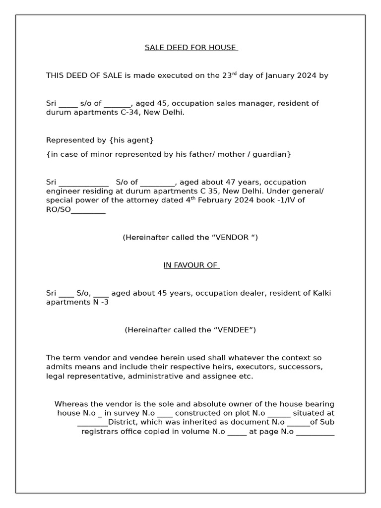 SALE DEED FOR HOUSE | PDF | Property | Law And Economics