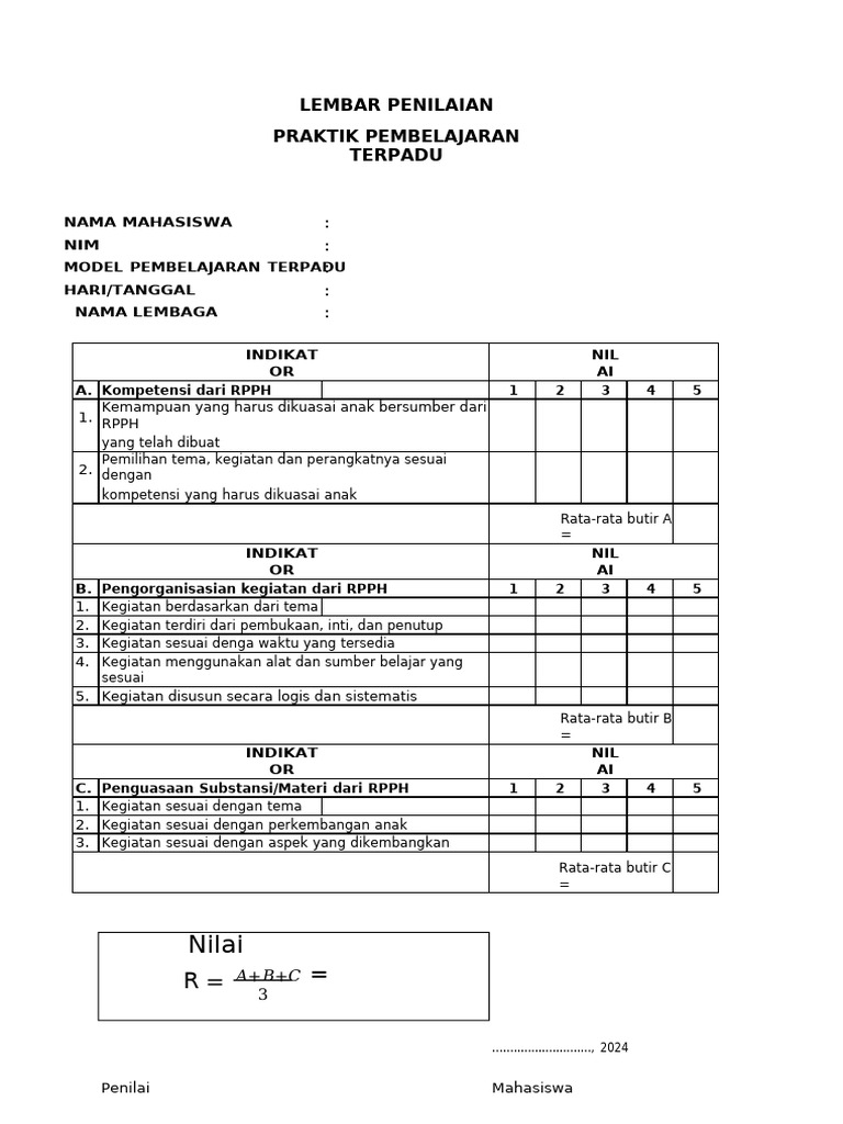 Lembar Penilaian Praktik RPPH Terpadu | PDF