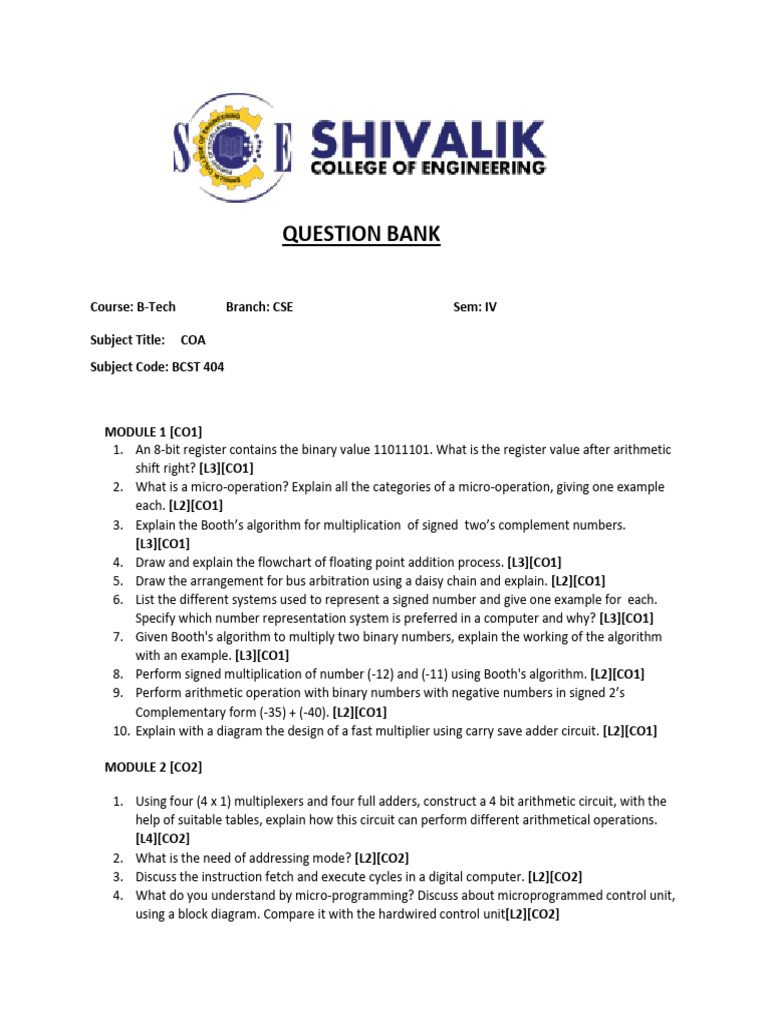 Question Bank COA | PDF | Computer Data Storage | Cpu Cache