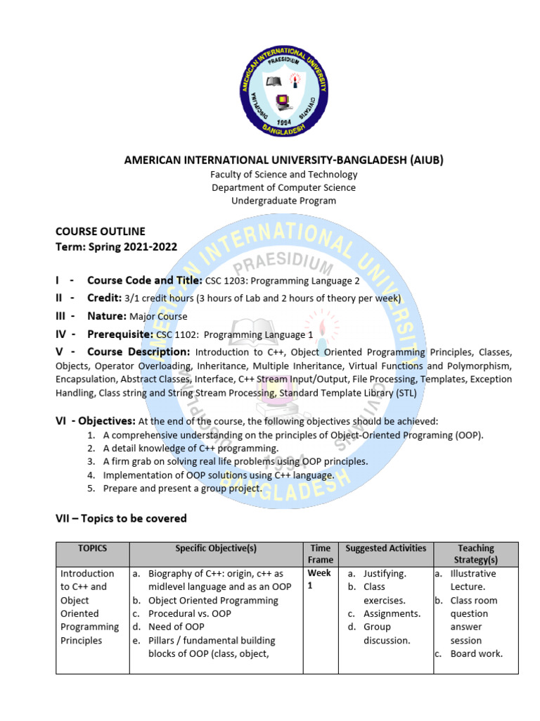 Csc1203 Programming Language 2 Courseoutline Spring 2021-2022 | PDF ...