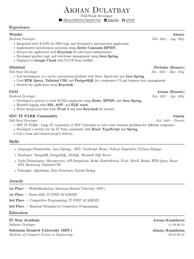Dulatbay Akhan Resume | PDF | Postgre Sql | Software Development Dulatbay Akhan Resume | PDF | Postgre Sql | Software Development