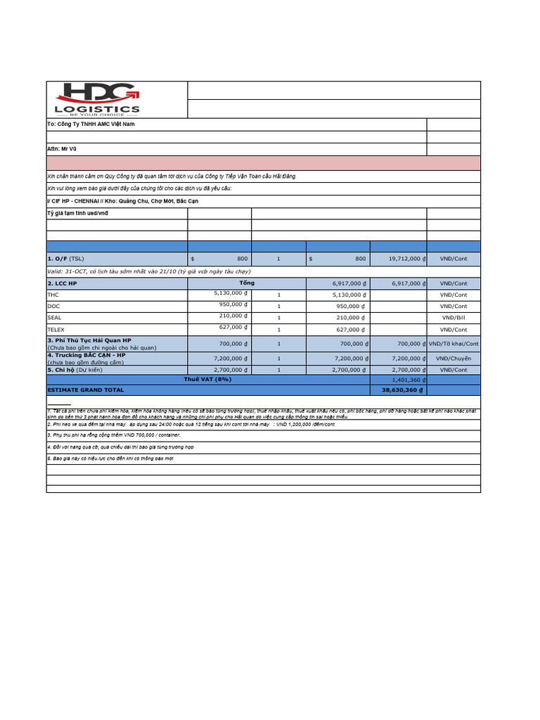 HDG - Cif Quotation HP - Chennai - 40'' - TSL | PDF